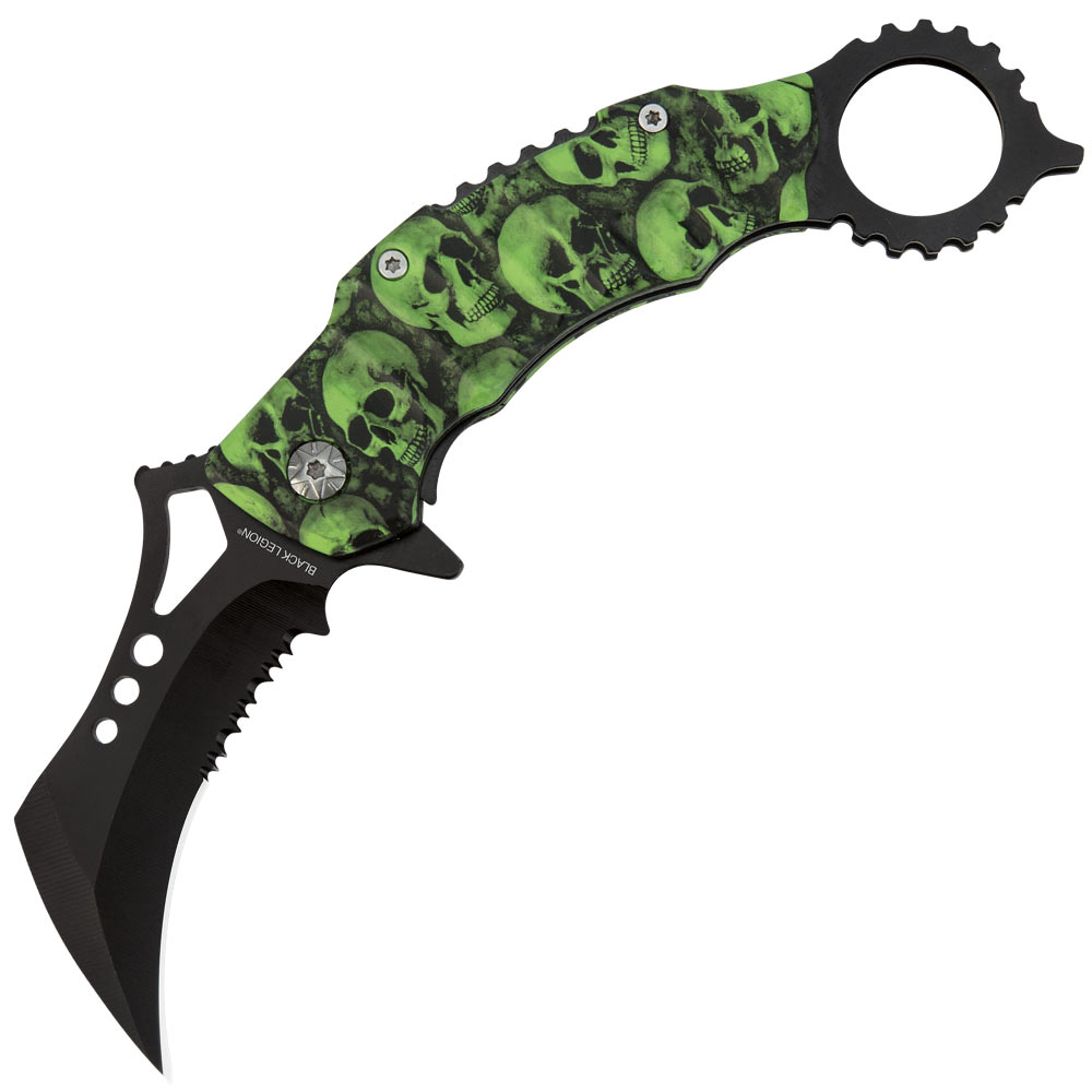 UnitedCutlery.Com: Black Legion Green Skull Mayhem Folding Karambit P ...